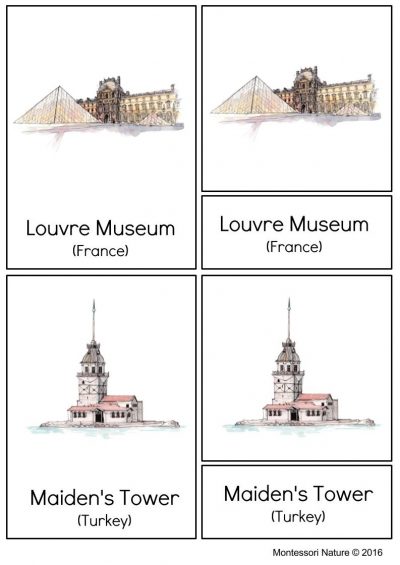 40 World Landmarks: 3-Part Cards - Montessori Nature