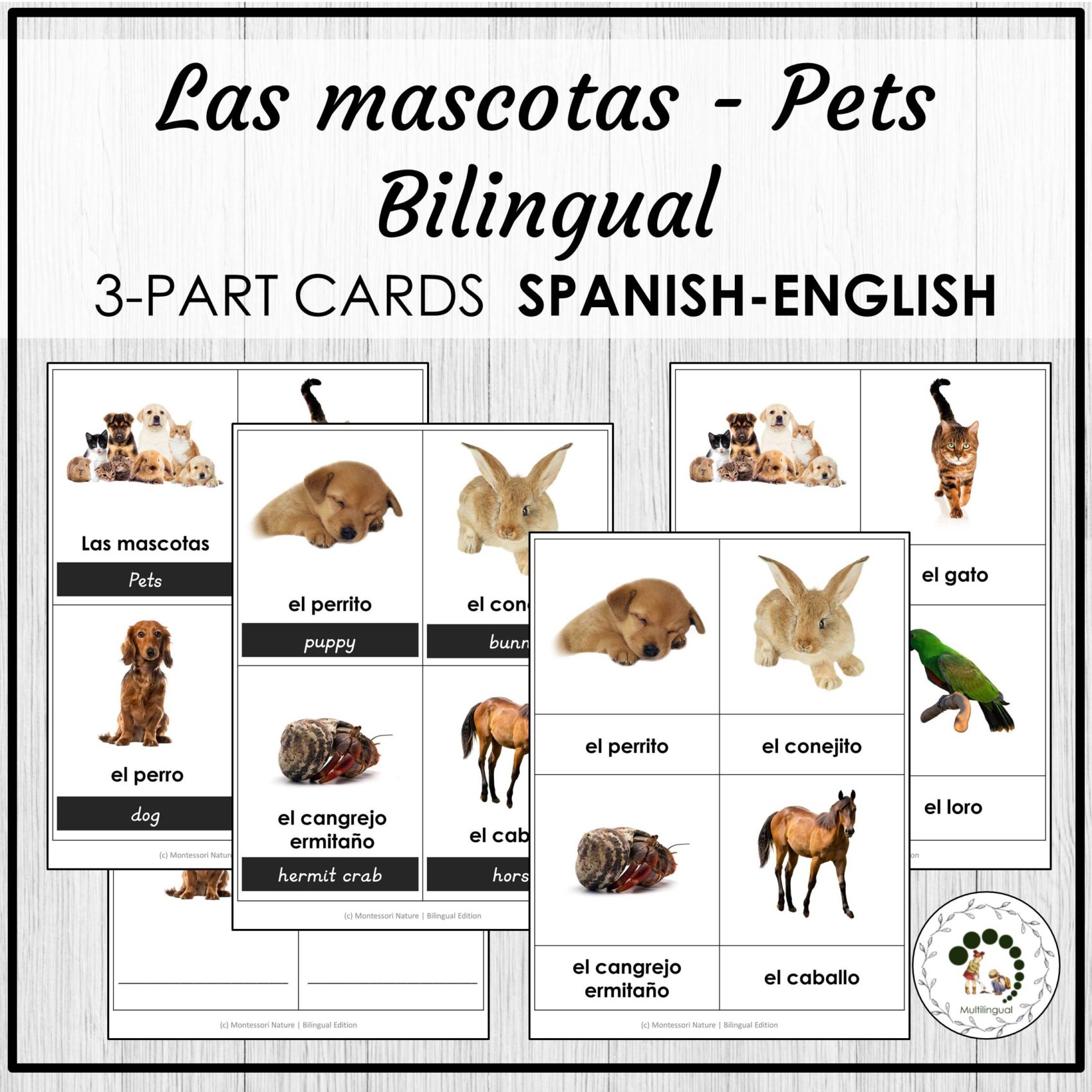 Las Mascotas - Pets Vocabulary 3 Part Cards - Bilingual - Spanish
