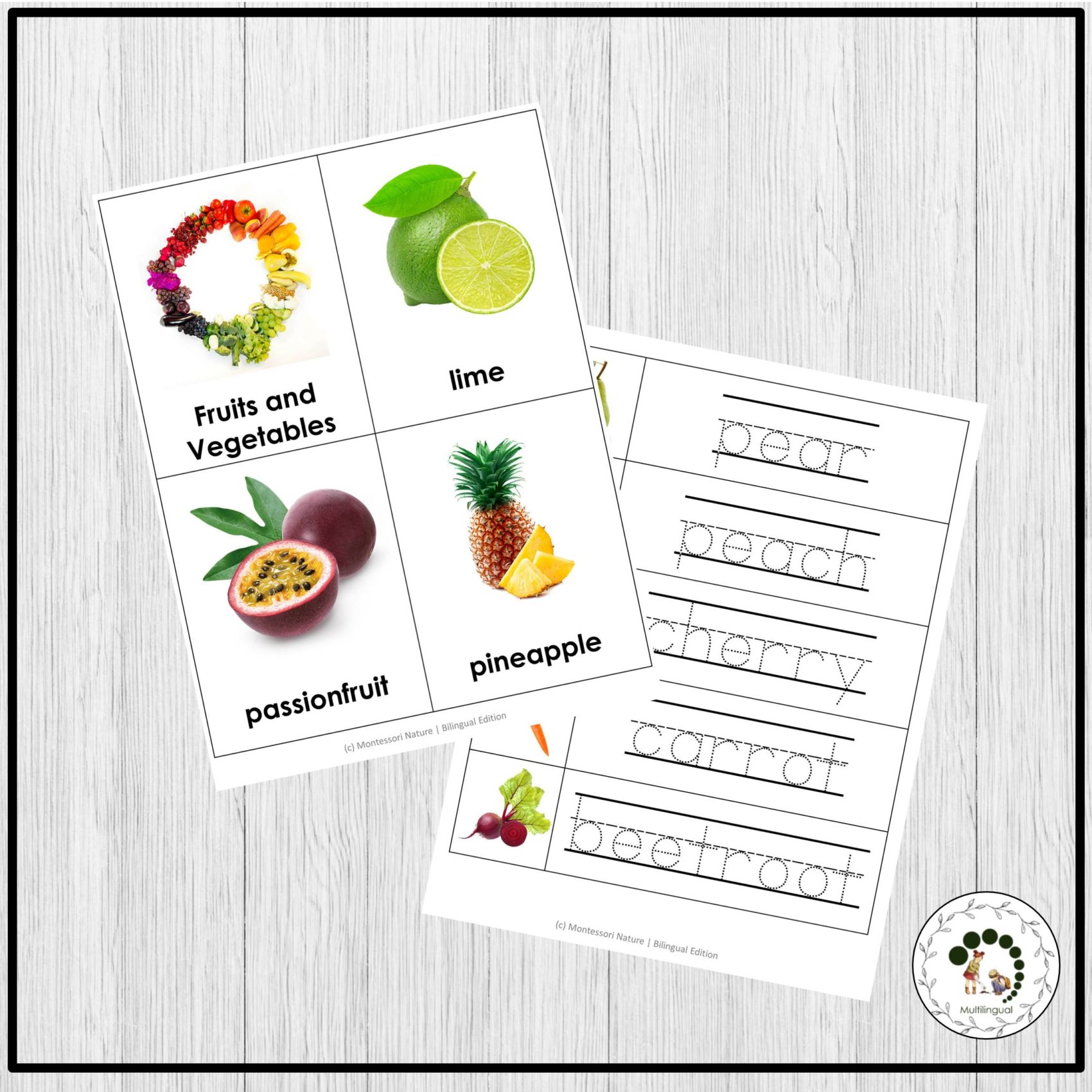Fruits Vegetables Vocabulary 3 Part Cards - Montessori Nature