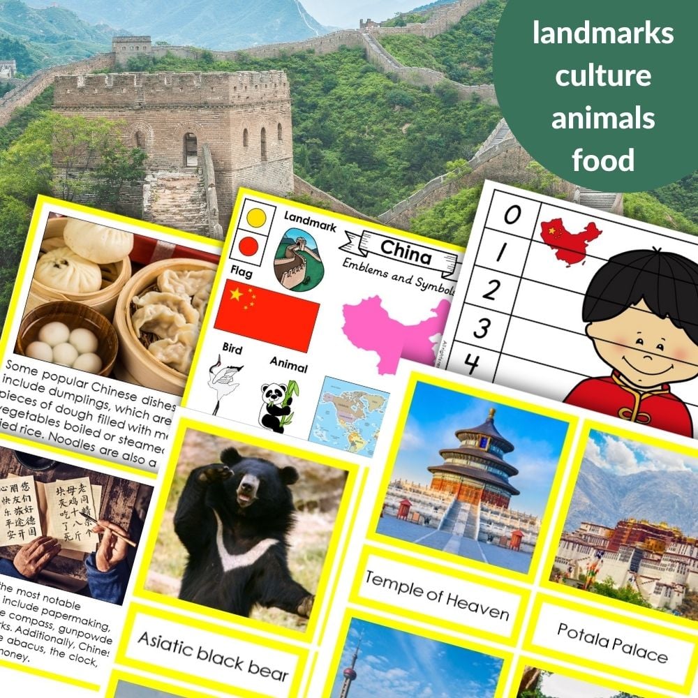 China: Map Flag Animals Food Landmarks - Montessori Nature