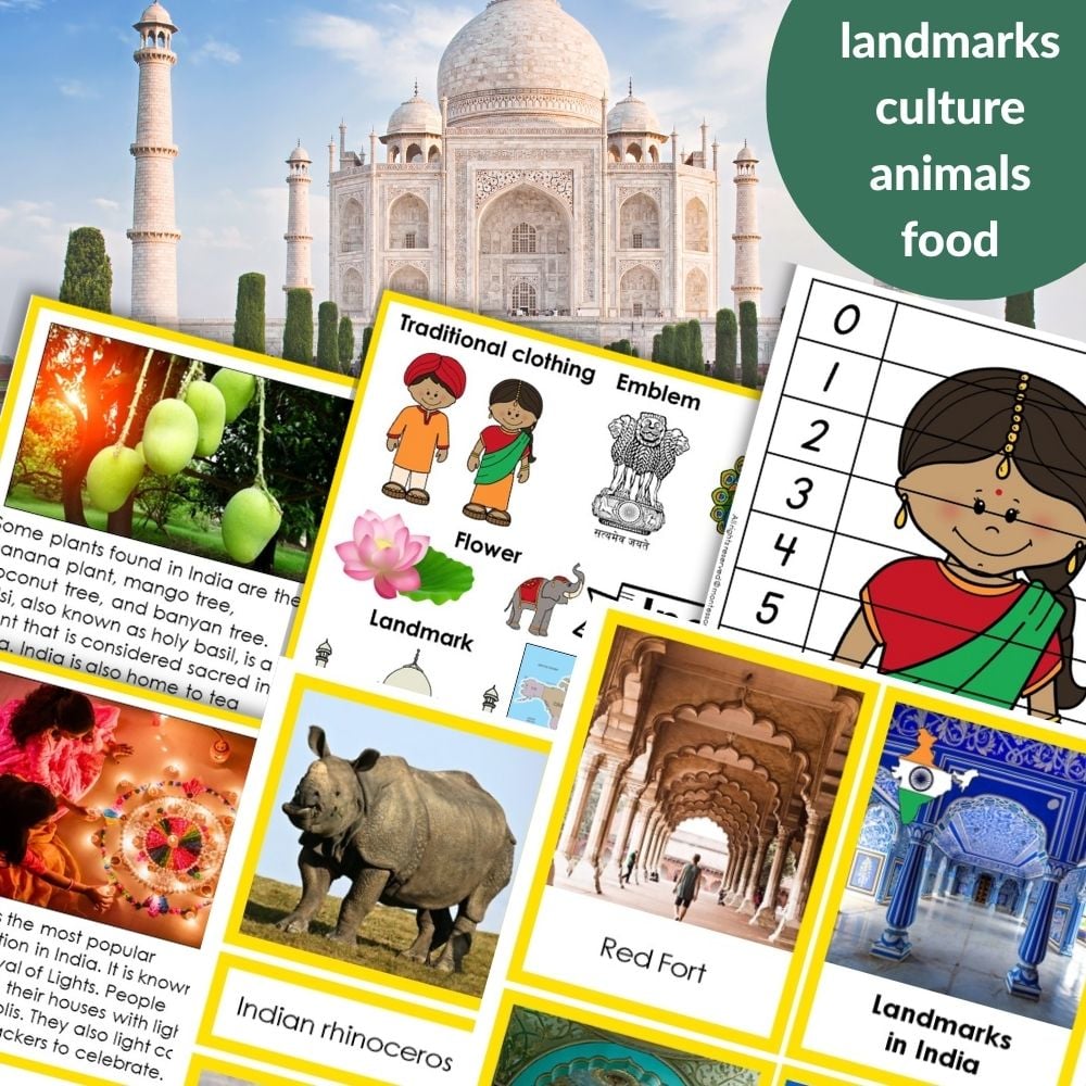 India: Map Flag Animals Food Landmarks - Montessori Nature