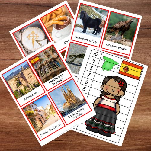 Spain: Map Flag Animals Food Landmarks - Montessori Nature