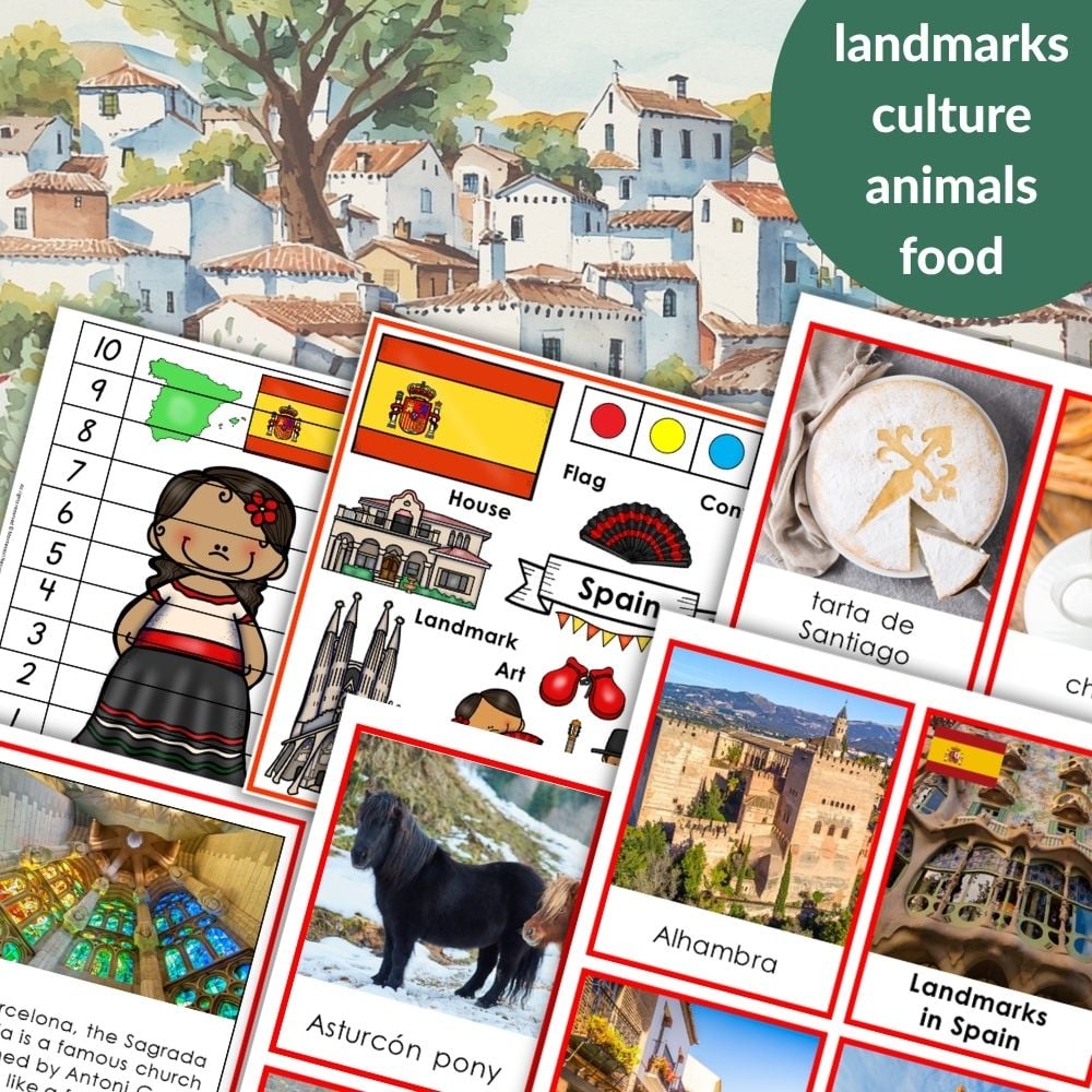 Spain: Map Flag Animals Food Landmarks - Montessori Nature
